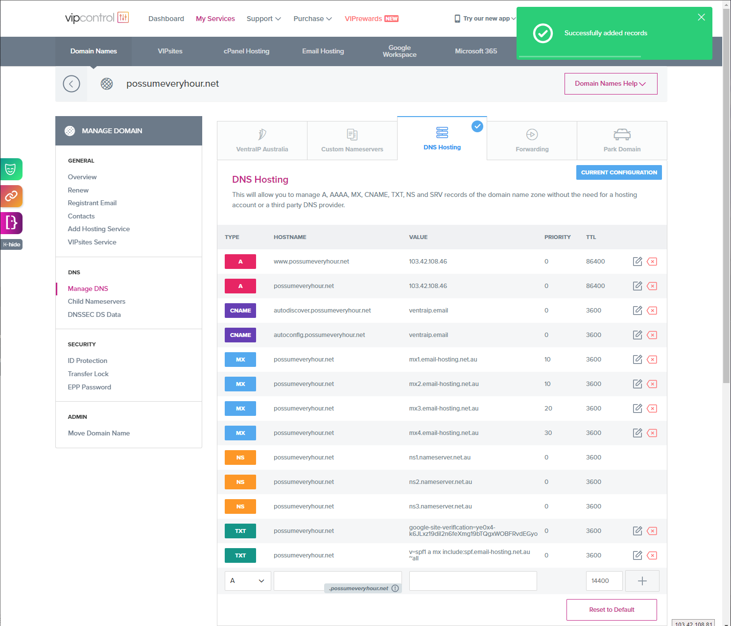 Adding the MX records required for VentraIP Business Email Hosting ...