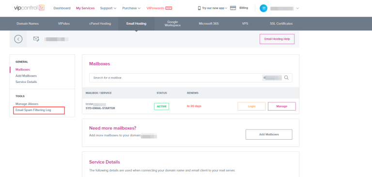 Accessing the Email Spam Filtering Log through VIPcontrol - VentraIP